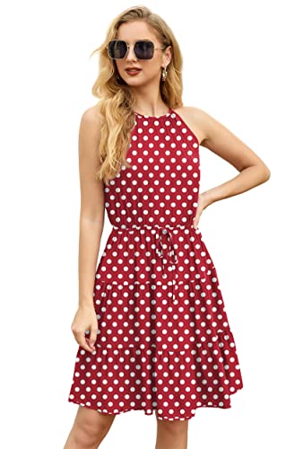 GRECERELLE Women 2023 Summer Halter Neck Dresses Sleeveless Casual Polka Dot Print Short Boho Ruffle Sundress(Medium, PD Wine Red)