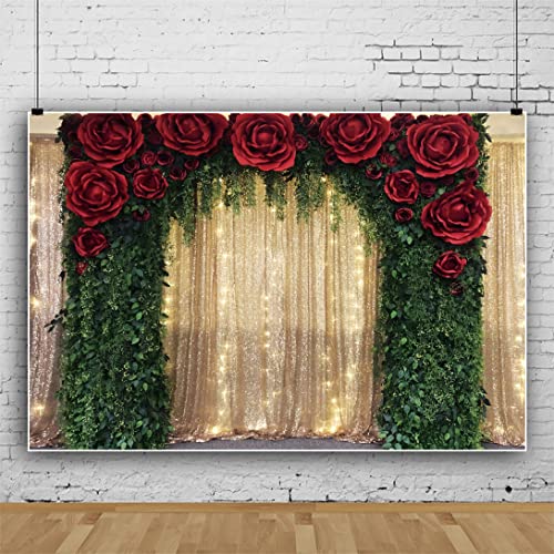 OERJU Wedding Backdrop for Reception Wedding Floral Wall Backdrop Red Rose Flowers Gold Curtain Photo Background Bridal Shower Marriage Anniversary Engagement Party Decor Photo Studio Props 5x3ft