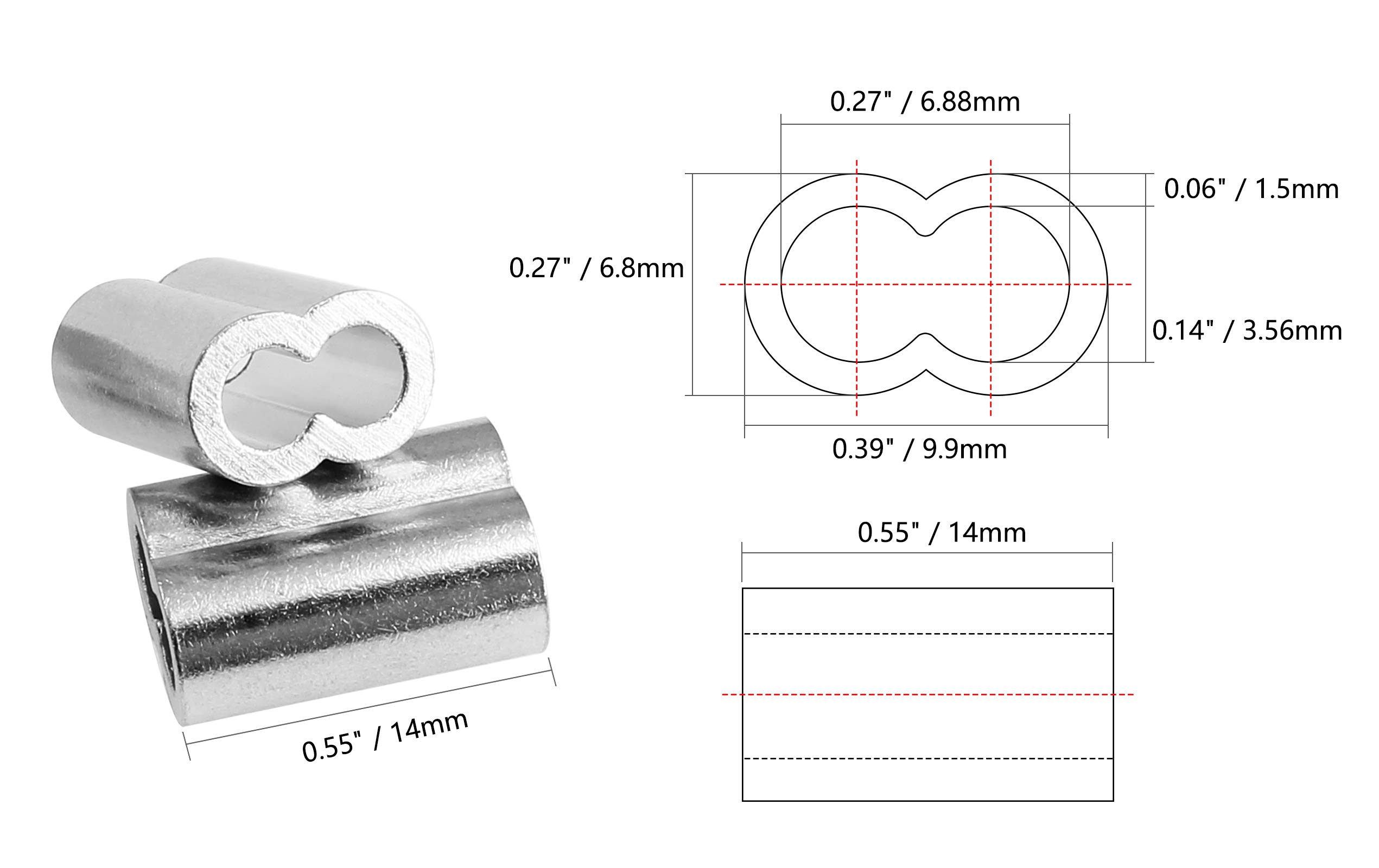 PHITUODA 100pcs 1/8 Inch Aluminum Crimping Loop Sleeve for Wire Rope and Cable, Double Hole Type