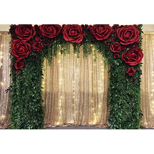 OERJU Wedding Backdrop for Reception Wedding Floral Wall Backdrop Red Rose Flowers Gold Curtain Photo Background Bridal Shower Marriage Anniversary Engagement Party Decor Photo Studio Props 5x3ft