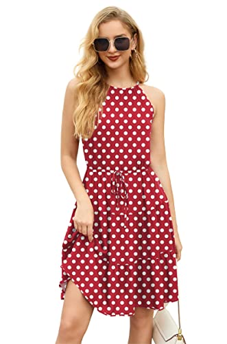 GRECERELLE Women 2023 Summer Halter Neck Dresses Sleeveless Casual Polka Dot Print Short Boho Ruffle Sundress(Medium, PD Wine Red)