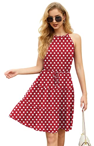 GRECERELLE Women 2023 Summer Halter Neck Dresses Sleeveless Casual Polka Dot Print Short Boho Ruffle Sundress(Medium, PD Wine Red)