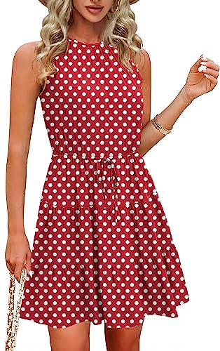 GRECERELLE Women 2023 Summer Halter Neck Dresses Sleeveless Casual Polka Dot Print Short Boho Ruffle Sundress(Medium, PD Wine Red)