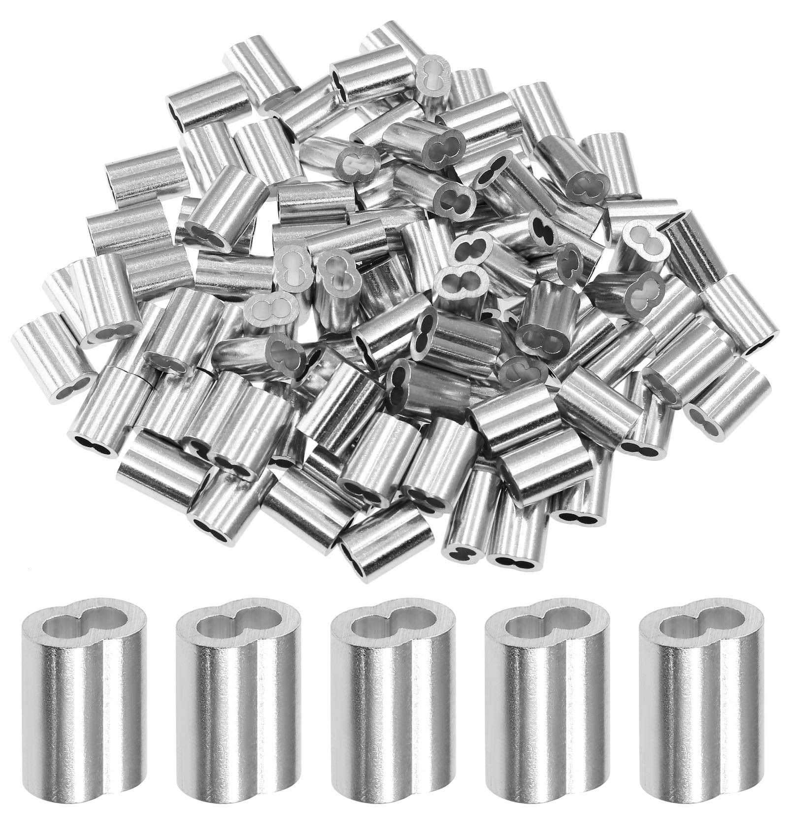 PHITUODA 100pcs 1/8 Inch Aluminum Crimping Loop Sleeve for Wire Rope and Cable, Double Hole Type