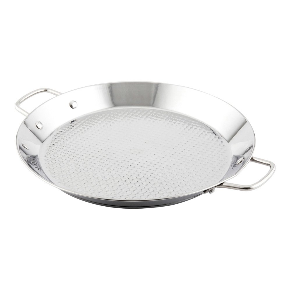 Restaurantware 10 Inch Spanish Paella Pan 1 Induction Ready Paella Pan - Heavy-Duty Riveted Handles Silver Stainless Steel Spanish Pan Dishwasher-Safe Paella Cookware For Homes or Restaurants