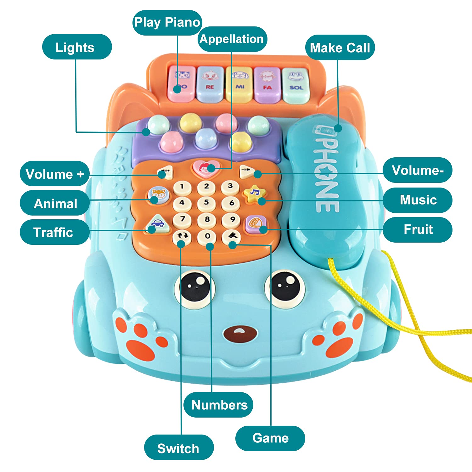Chirldren Telephone Toy Cartoon Simulated Landline Smartphone Drag Function Call Play Piano Early Education Music Learn Hit Hamster Children Enlightenment Brain Toys Creative Gift for Kids Blue
