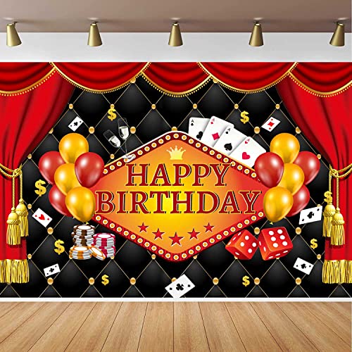 MEETSIOY Casino Birthday Backdrop Red Curtain Gold Tassel Photo Booth Card Chip Banner Decorated with Alaskan Party Photo Supplies 5x3ft RBJGJMT151