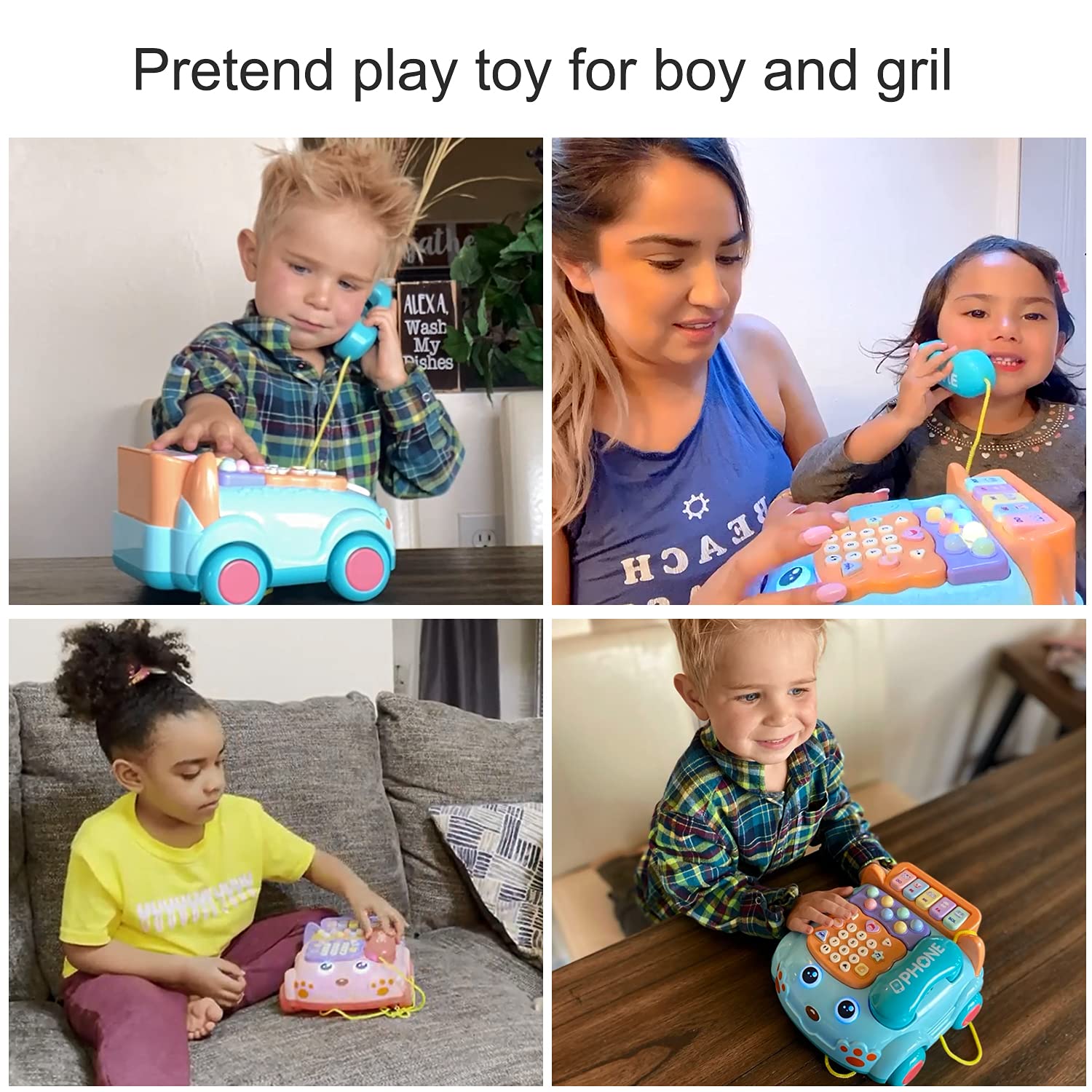 Chirldren Telephone Toy Cartoon Simulated Landline Smartphone Drag Function Call Play Piano Early Education Music Learn Hit Hamster Children Enlightenment Brain Toys Creative Gift for Kids Blue