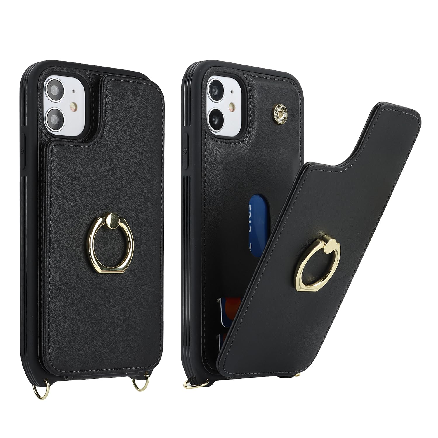 Lipvina for iPhone 13 Mini Case with Card Holder and Strap for Women,Crossbody Lanyard,Kickstand Ring Stand,Snap Clasp,RFID Blocking,Phone Wallet Cases 5.4 inch(Black)