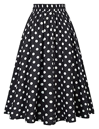 Women's Skater Flare Skirt with Pockets Solid High Waist Vinatge Skirt (Black Polka Dots,L)