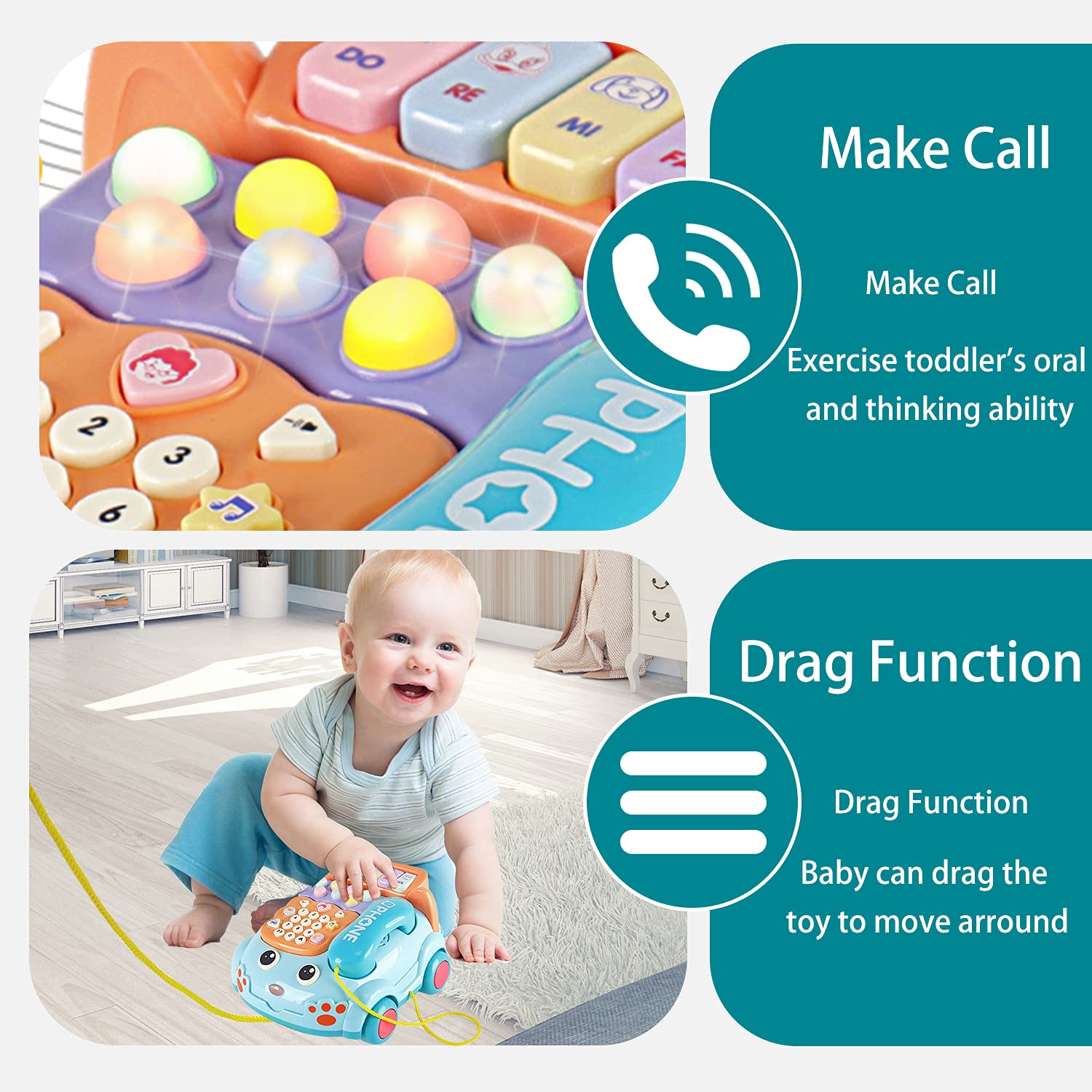 Chirldren Telephone Toy Cartoon Simulated Landline Smartphone Drag Function Call Play Piano Early Education Music Learn Hit Hamster Children Enlightenment Brain Toys Creative Gift for Kids Blue