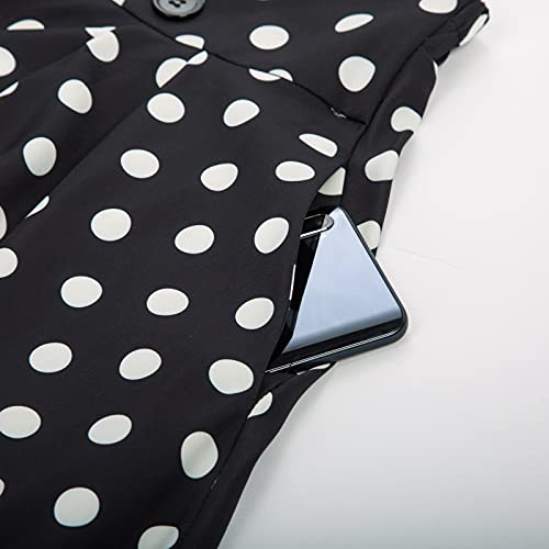 Women's Skater Flare Skirt with Pockets Solid High Waist Vinatge Skirt (Black Polka Dots,L)