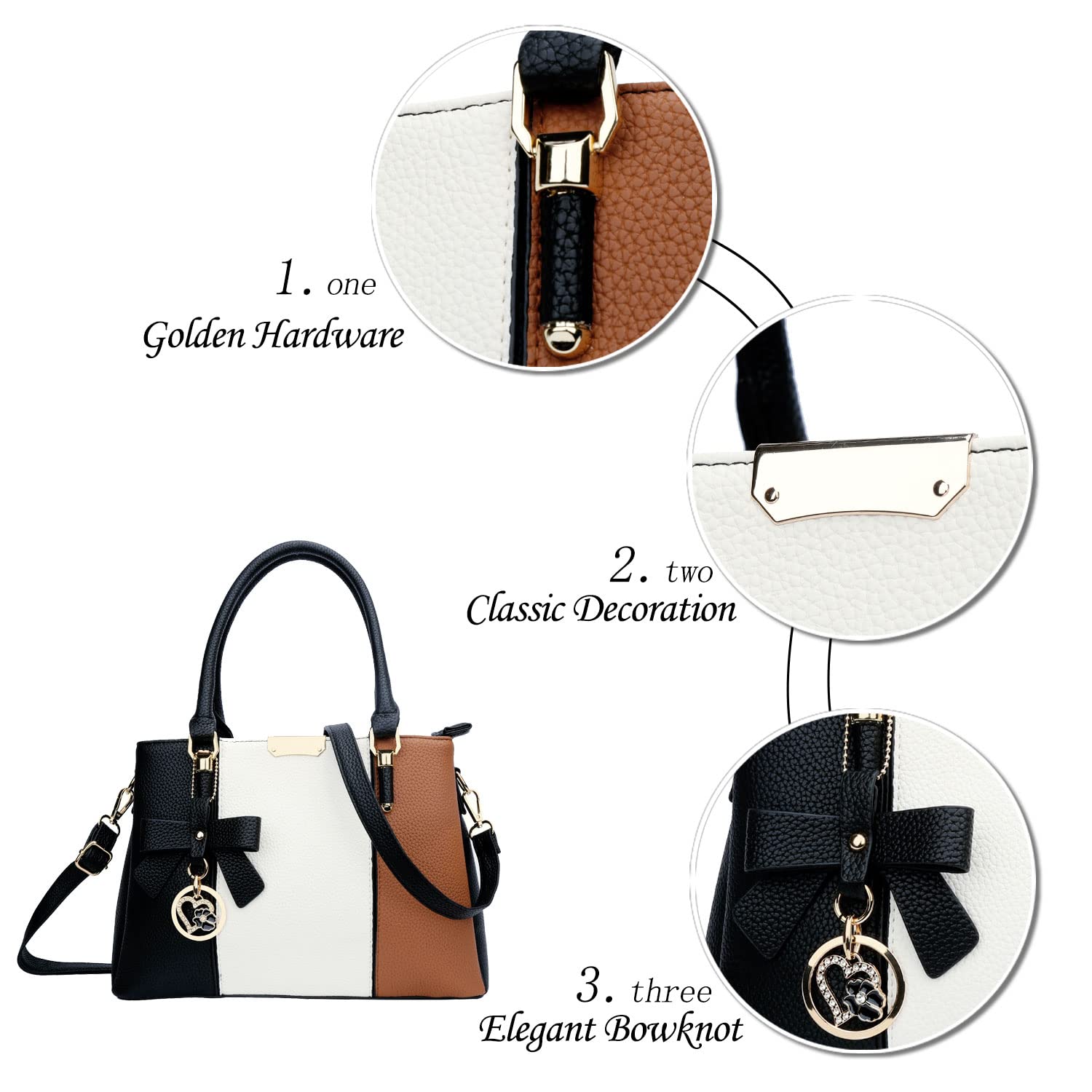 KKXIU 3 Zippered Compartments Purses and Handbags for Women Top Handle Satchel Shoulder Ladies Bags (A-Black White Brown)