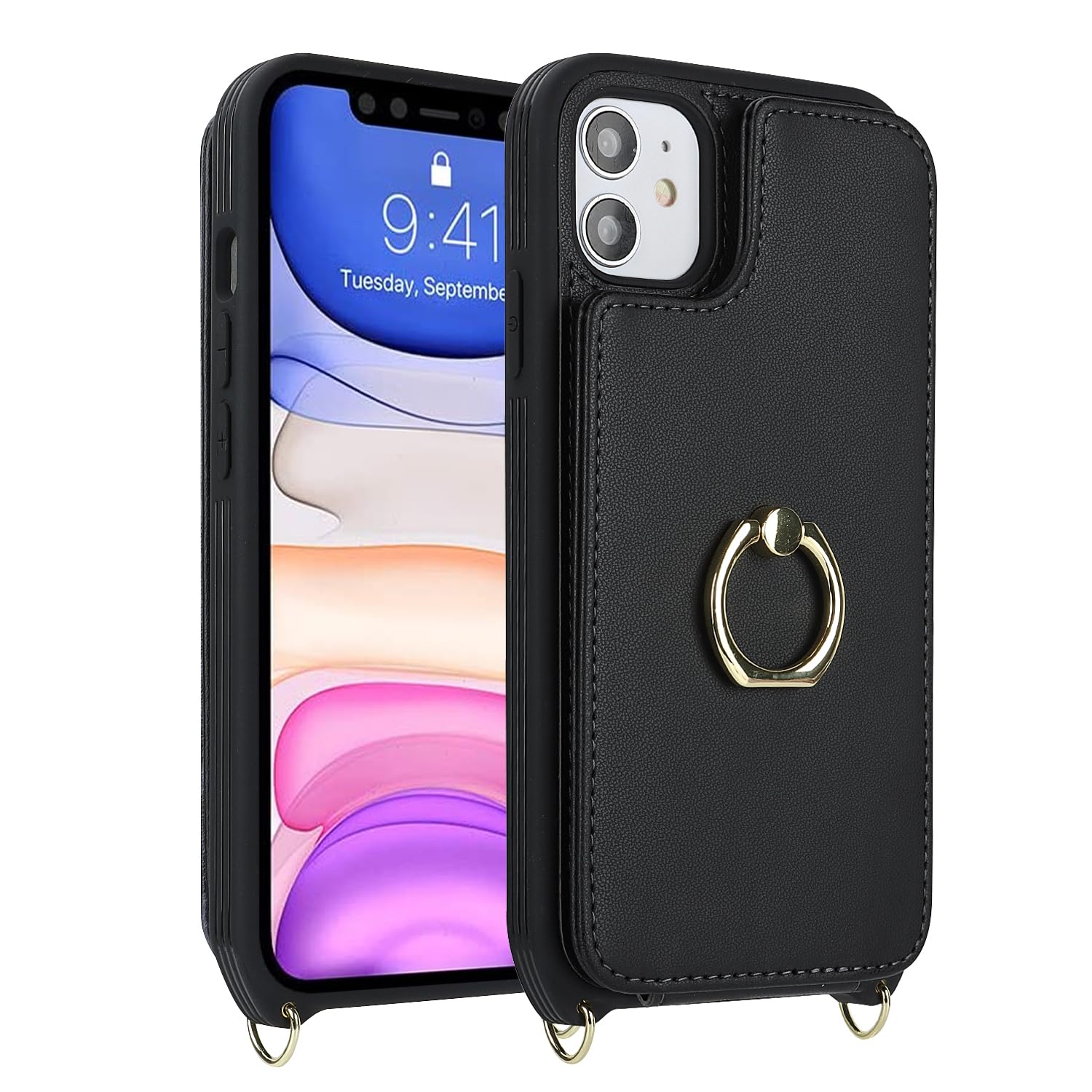 Lipvina for iPhone 13 Mini Case with Card Holder and Strap for Women,Crossbody Lanyard,Kickstand Ring Stand,Snap Clasp,RFID Blocking,Phone Wallet Cases 5.4 inch(Black)