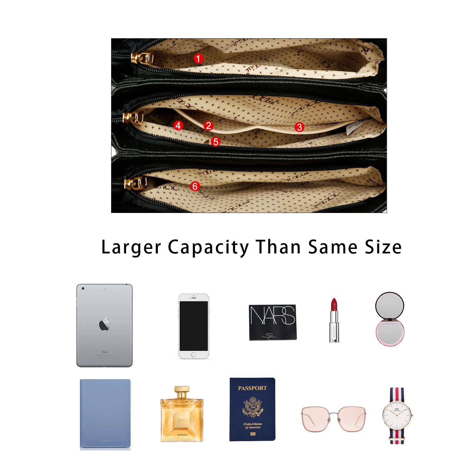 KKXIU 3 Zippered Compartments Purses and Handbags for Women Top Handle Satchel Shoulder Ladies Bags (A-Black White Brown)