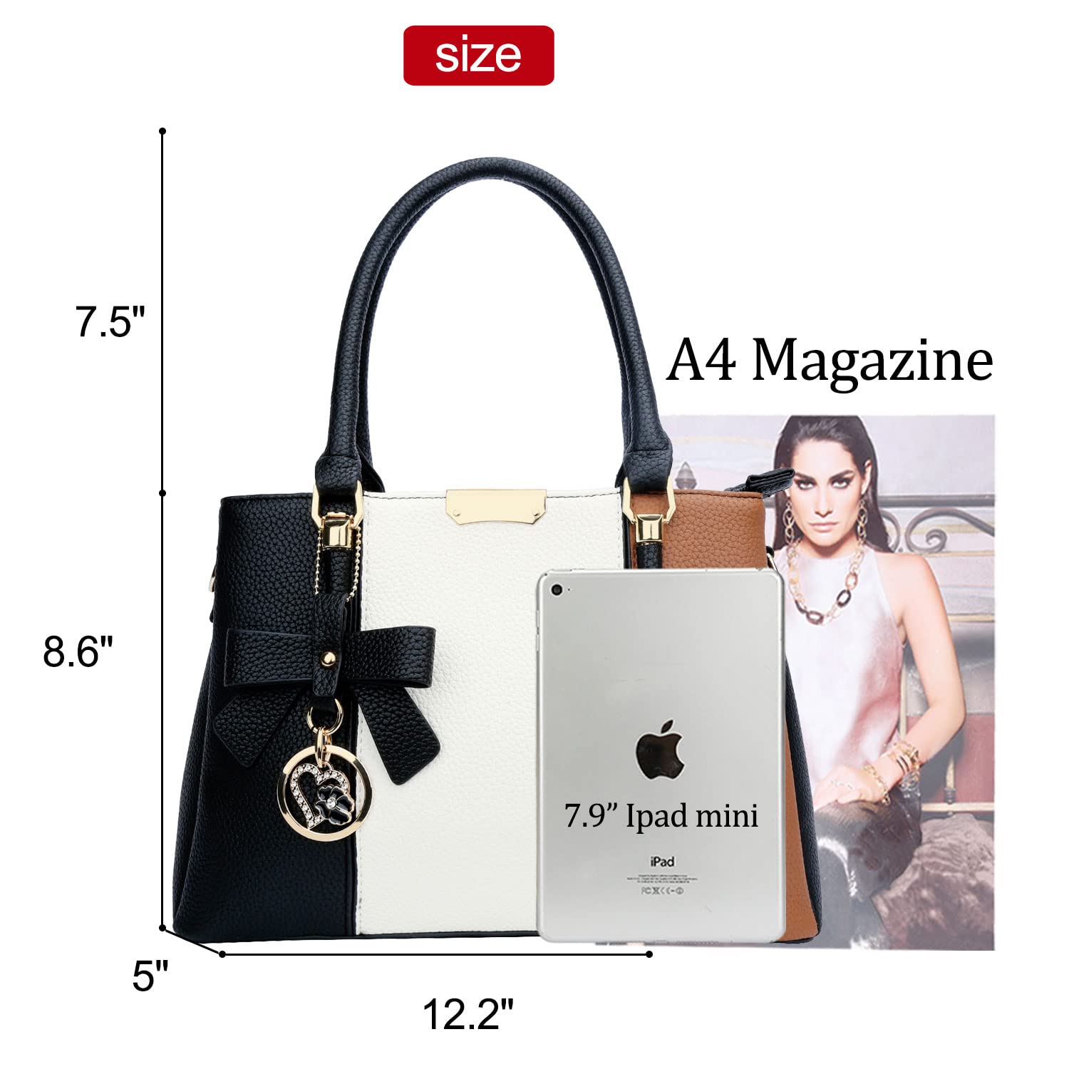 KKXIU 3 Zippered Compartments Purses and Handbags for Women Top Handle Satchel Shoulder Ladies Bags (A-Black White Brown)
