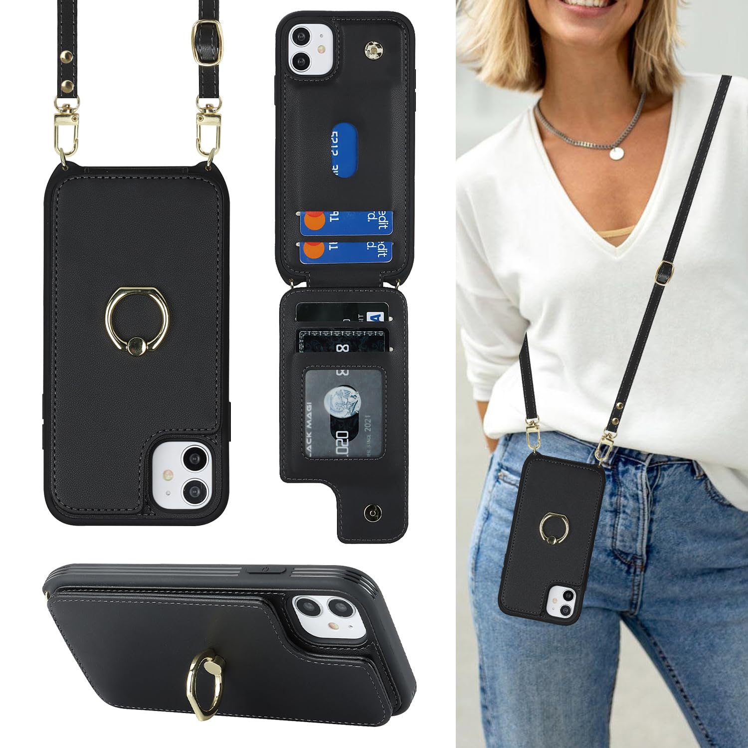 Lipvina for iPhone 13 Mini Case with Card Holder and Strap for Women,Crossbody Lanyard,Kickstand Ring Stand,Snap Clasp,RFID Blocking,Phone Wallet Cases 5.4 inch(Black)