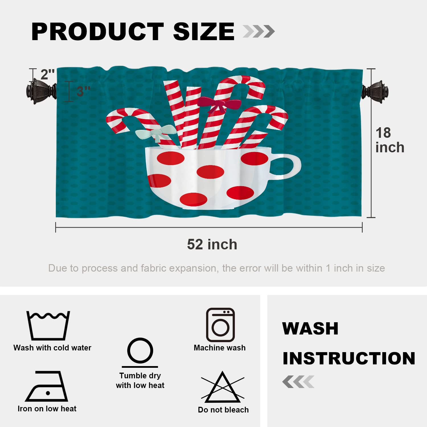 Batmerry White Red Christmas Kitchen Valances Half Window Curtain, White Cup with Red Polka Dot Ornament Candy Cane Kitchen Valances for Windows Valance for Decor Reducing The Light 52x18 Inch