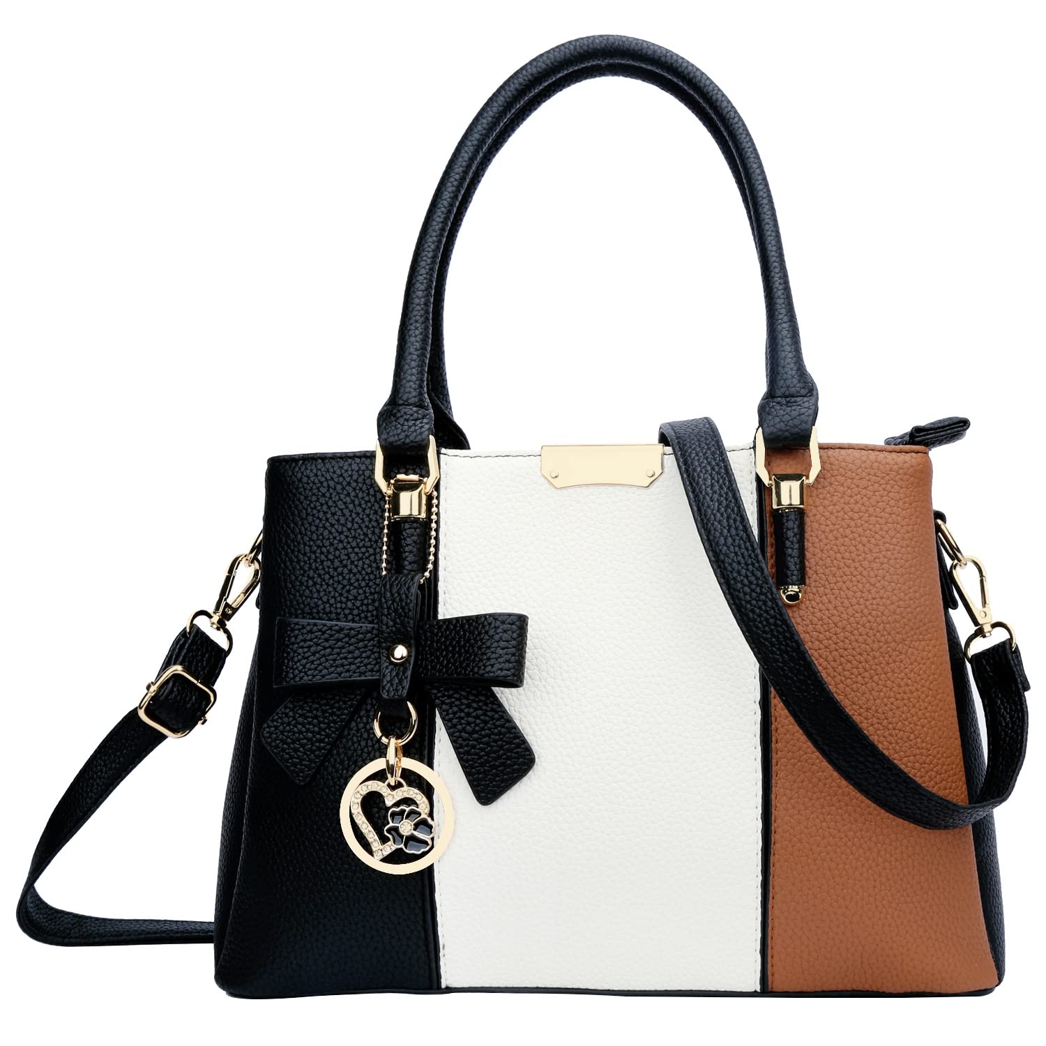 KKXIU 3 Zippered Compartments Purses and Handbags for Women Top Handle Satchel Shoulder Ladies Bags (A-Black White Brown)