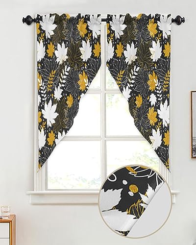 Autumn Maple Leaves Swag Curtains for Living Room/Kitchen/Bedroom/Bathroom, Yellow White Gold Leaf Black Backdrop Swag Valance Curtains Short Half Kitchen Topper Curtains Window Swag 2 Panels 28x36