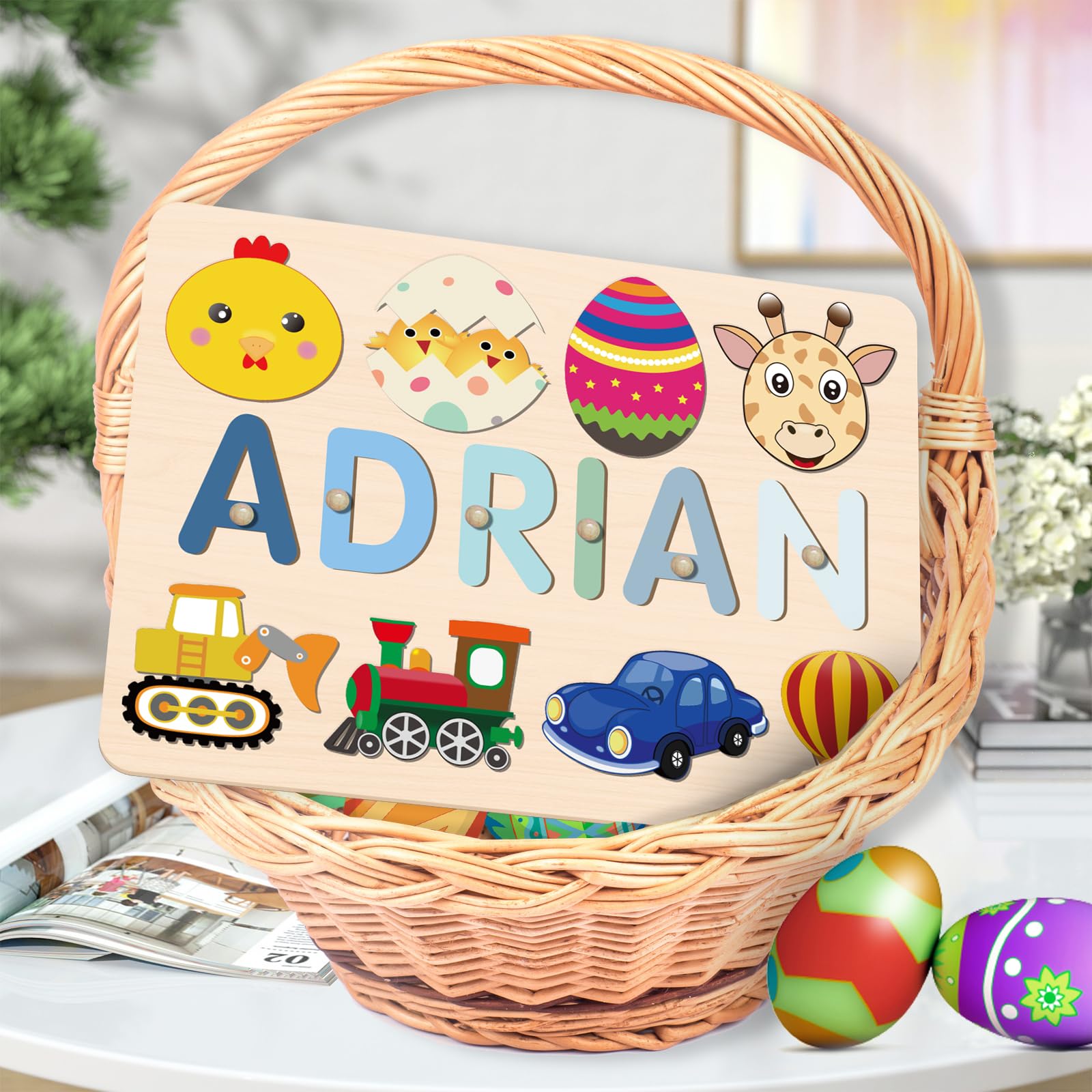 OELTTG Name Puzzle for Kids Personalized, 1st Birthday Girl and Boy, Easter Basket Stuffers for Toddler, Custom Baby Easter Gifts with Engraved Text on Back, Montessori Learning Toys for Boy & Girl