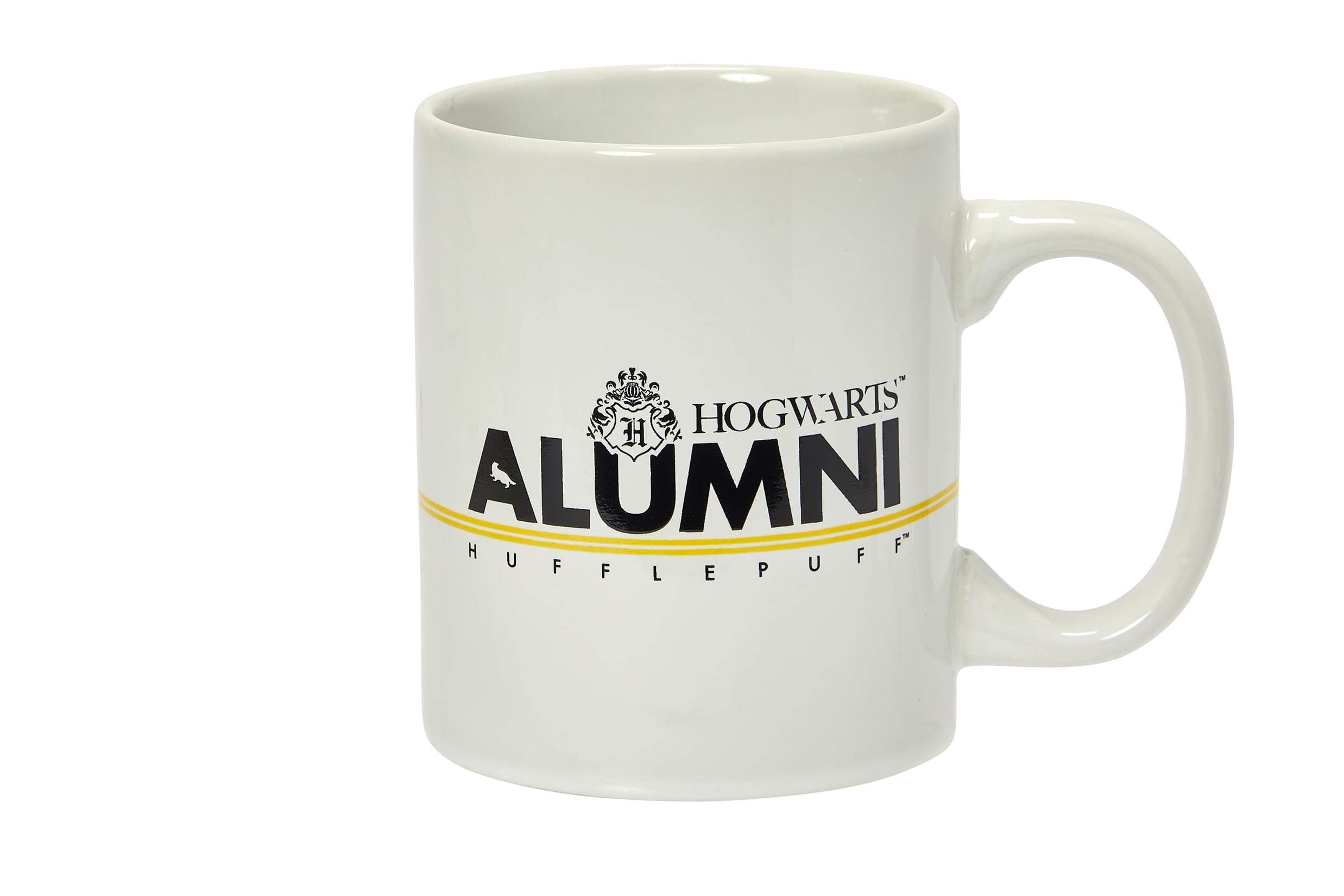 Harry Potter Hufflepuff Alumni 11-Oz Mug - White Ceramic Cup With Handle - Hogwarts Crest & House Yellow Stripe With Black Lettering - From Rowling's Wizarding World