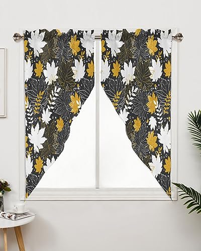 Autumn Maple Leaves Swag Curtains for Living Room/Kitchen/Bedroom/Bathroom, Yellow White Gold Leaf Black Backdrop Swag Valance Curtains Short Half Kitchen Topper Curtains Window Swag 2 Panels 28x36