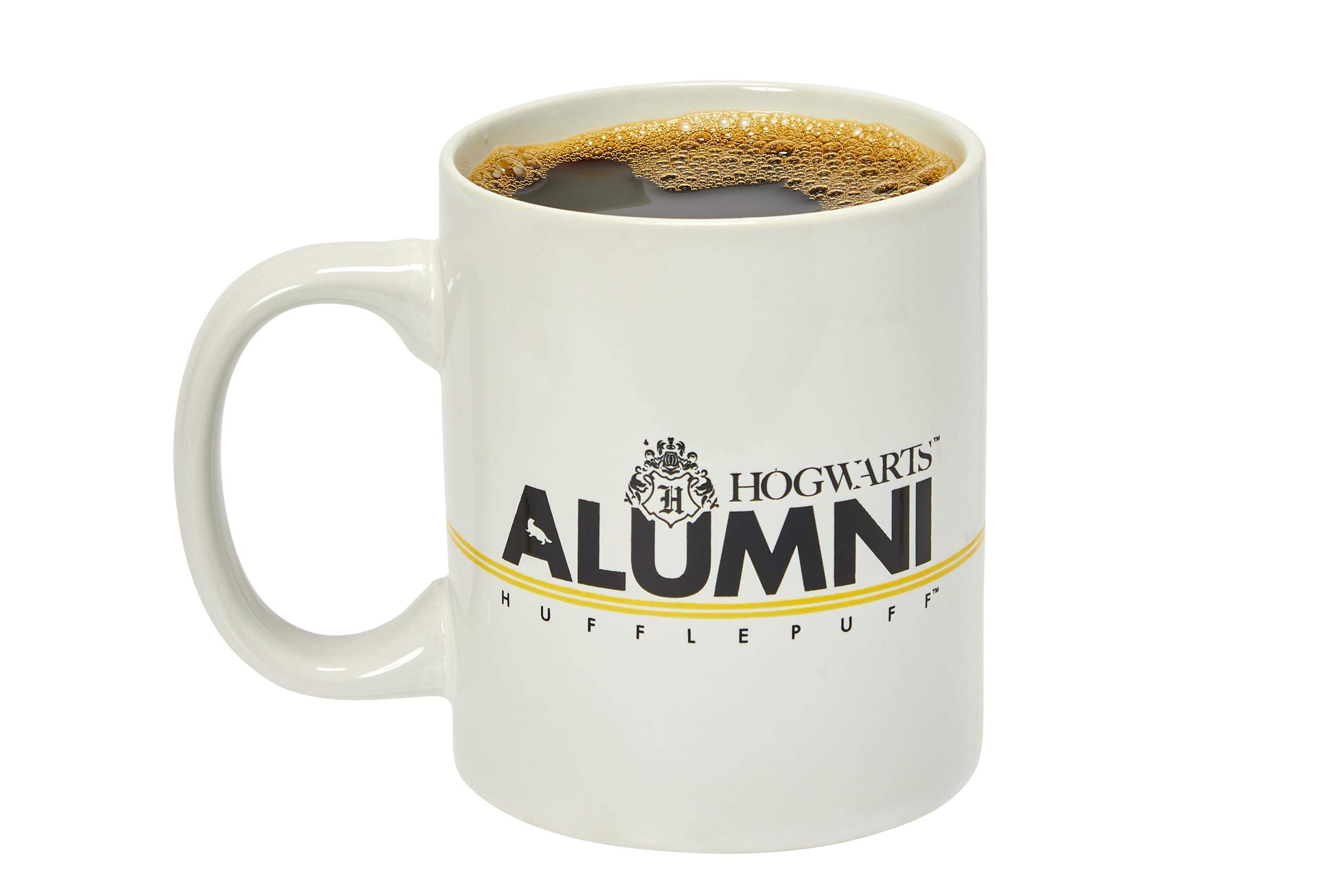 Harry Potter Hufflepuff Alumni 11-Oz Mug - White Ceramic Cup With Handle - Hogwarts Crest & House Yellow Stripe With Black Lettering - From Rowling's Wizarding World