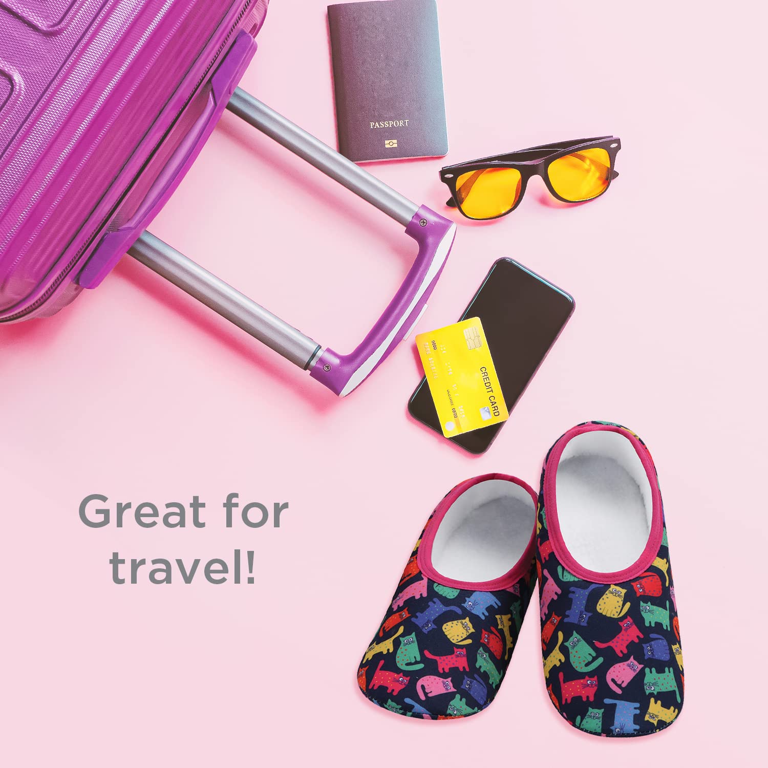 Snoozies Skinnies slipper socks for Women - Non-Slip slipper socks with Lightweight and Soft Sherpa Lining - Foldable Travel Sippers-Polka Dot Butterfly-Small