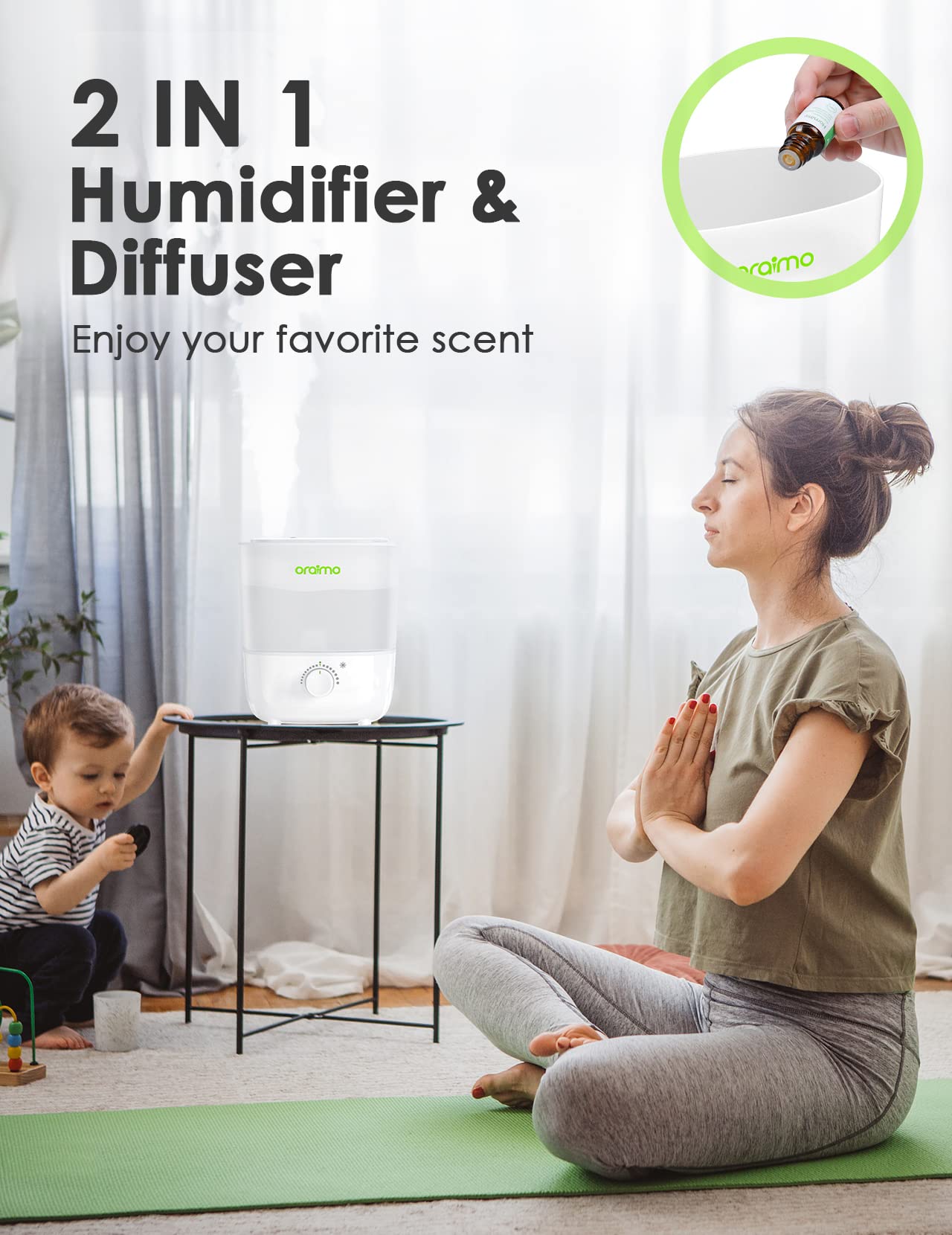 Oraimo Humidifiers for Bedroom, Top Fill Cool Mist Humidifier, 26dB Quiet, Easy to Clean, 2.5L Ultrasonic Humidifier & Essential Oil Diffuser with Night Light, BPA-Free (light white)