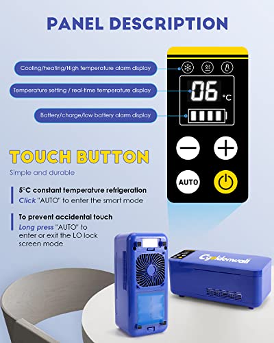 CGOLDENWALL Insulin Cooler Travel Case 7 * 2.9 * 1.2In Medicine Refrigerator with 2-8 β Intelligent Constant Temperature, Alarm System & LED Display, for Car, Home, Travel