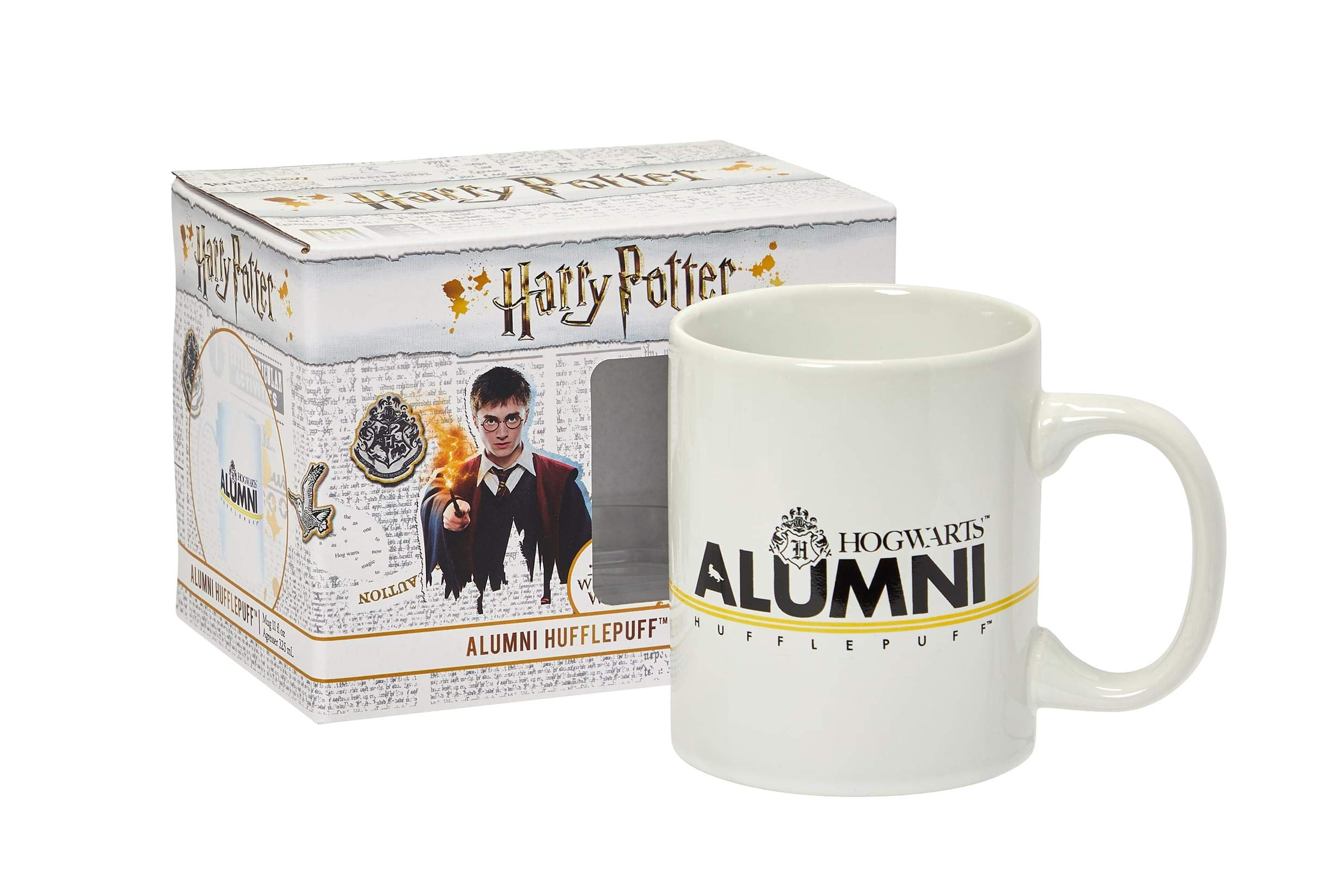 Harry Potter Hufflepuff Alumni 11-Oz Mug - White Ceramic Cup With Handle - Hogwarts Crest & House Yellow Stripe With Black Lettering - From Rowling's Wizarding World