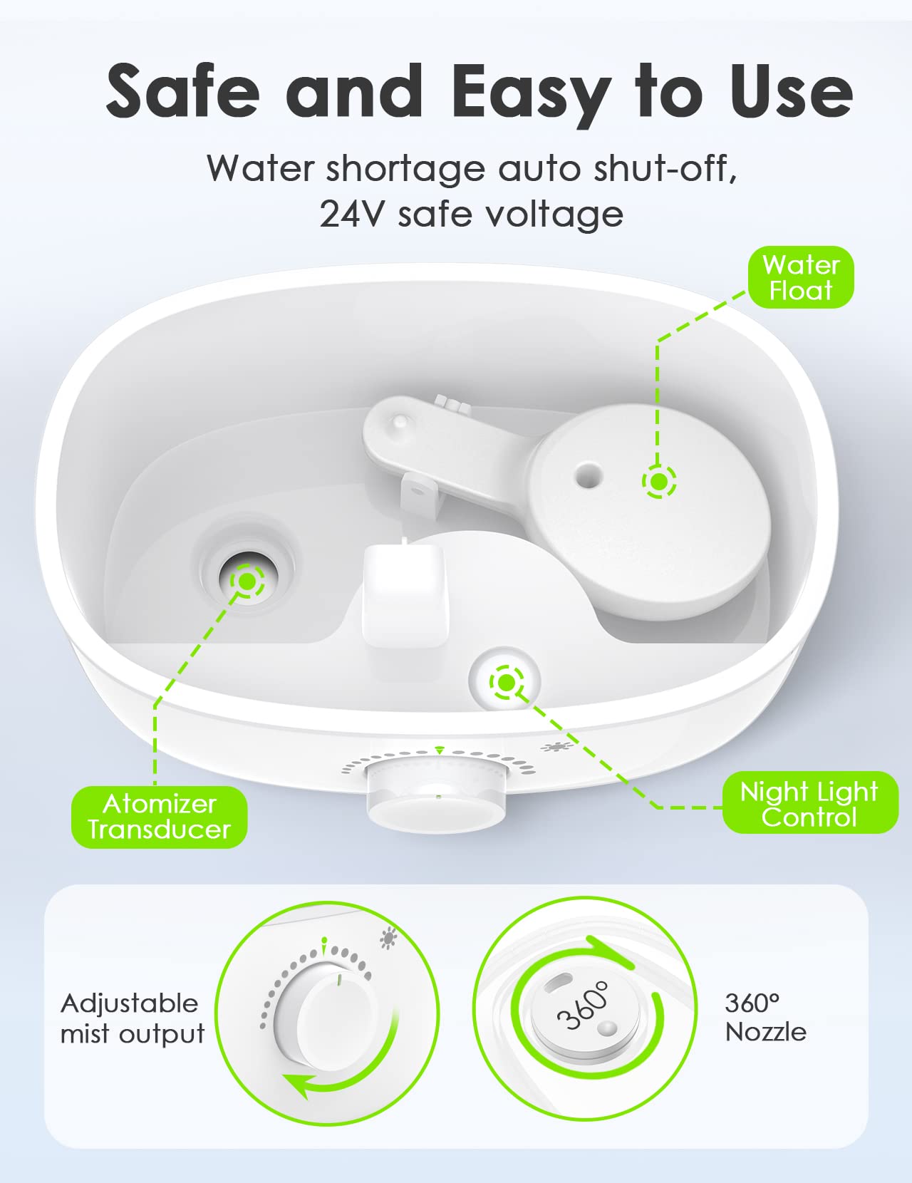 Oraimo Humidifiers for Bedroom, Top Fill Cool Mist Humidifier, 26dB Quiet, Easy to Clean, 2.5L Ultrasonic Humidifier & Essential Oil Diffuser with Night Light, BPA-Free (light white)