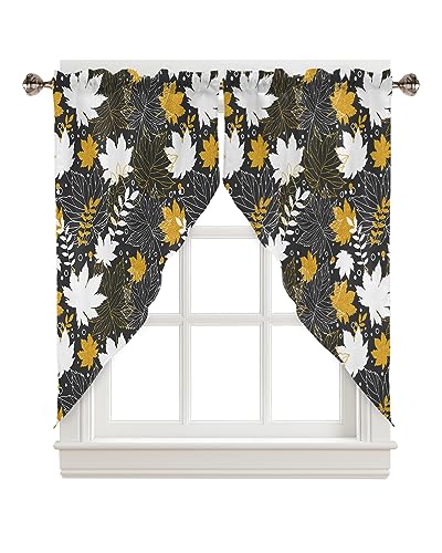 Autumn Maple Leaves Swag Curtains for Living Room/Kitchen/Bedroom/Bathroom, Yellow White Gold Leaf Black Backdrop Swag Valance Curtains Short Half Kitchen Topper Curtains Window Swag 2 Panels 28x36