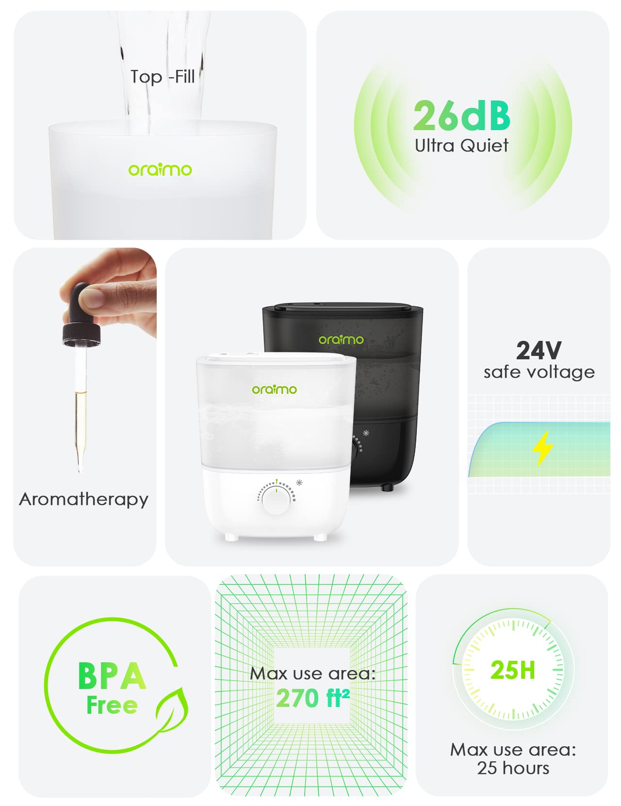 Oraimo Humidifiers for Bedroom, Top Fill Cool Mist Humidifier, 26dB Quiet, Easy to Clean, 2.5L Ultrasonic Humidifier & Essential Oil Diffuser with Night Light, BPA-Free (light white)