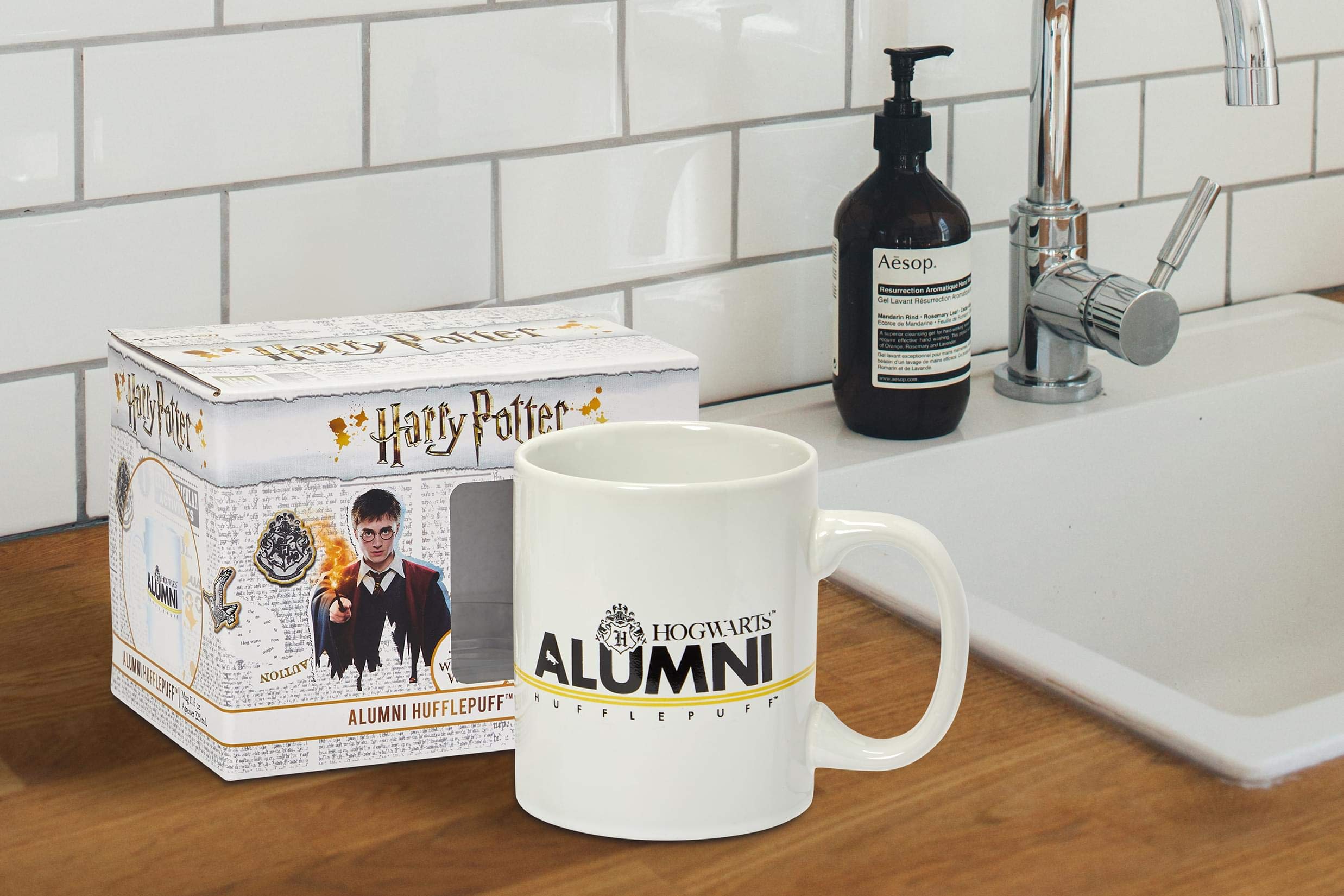 Harry Potter Hufflepuff Alumni 11-Oz Mug - White Ceramic Cup With Handle - Hogwarts Crest & House Yellow Stripe With Black Lettering - From Rowling's Wizarding World