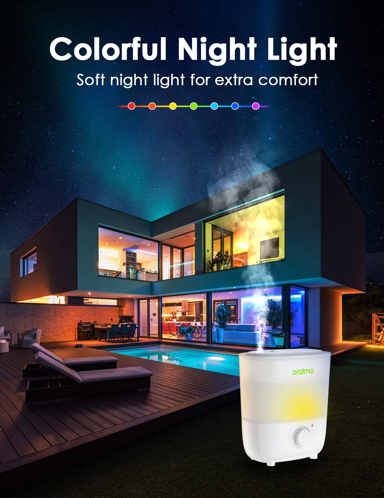 Oraimo Humidifiers for Bedroom, Top Fill Cool Mist Humidifier, 26dB Quiet, Easy to Clean, 2.5L Ultrasonic Humidifier & Essential Oil Diffuser with Night Light, BPA-Free (light white)