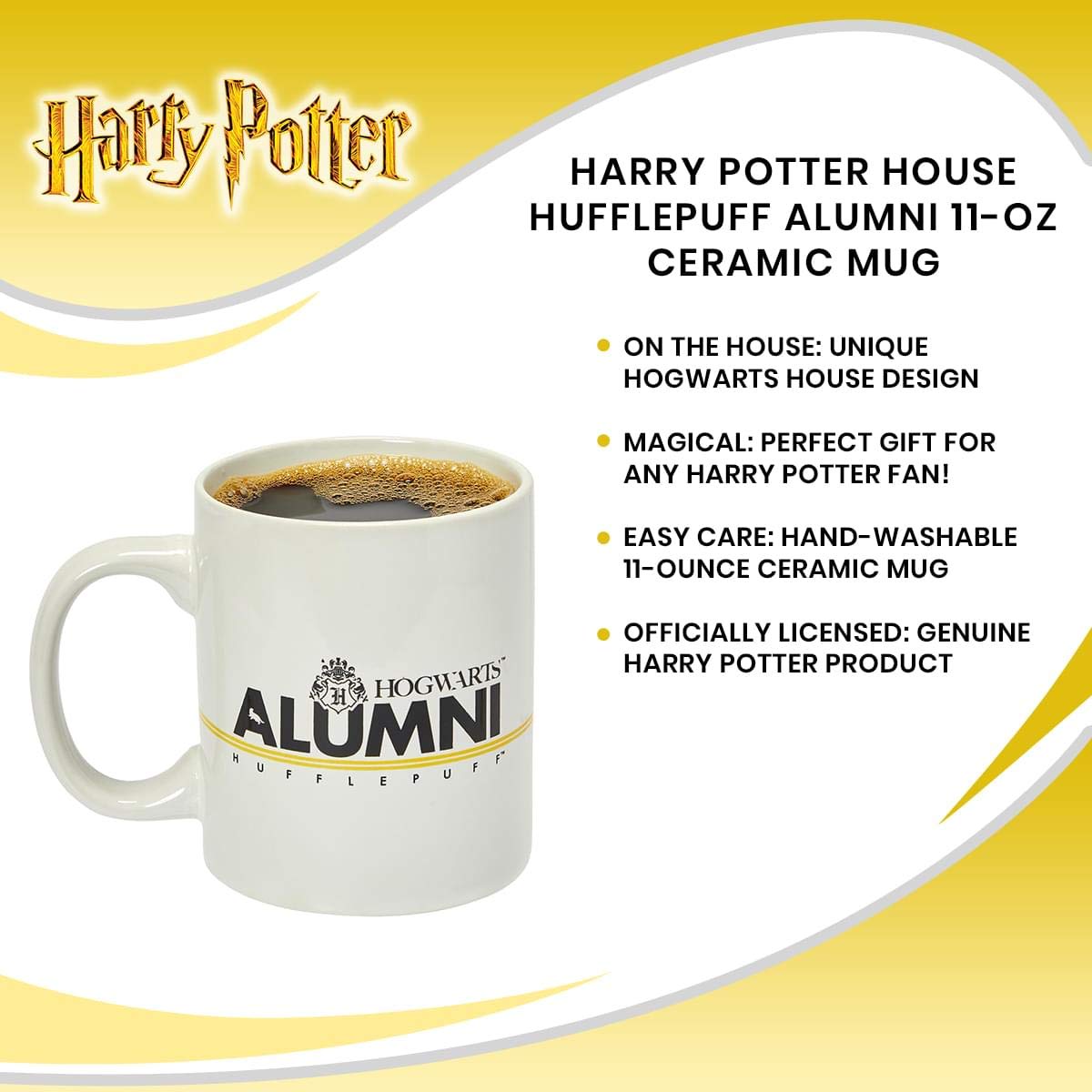 Harry Potter Hufflepuff Alumni 11-Oz Mug - White Ceramic Cup With Handle - Hogwarts Crest & House Yellow Stripe With Black Lettering - From Rowling's Wizarding World