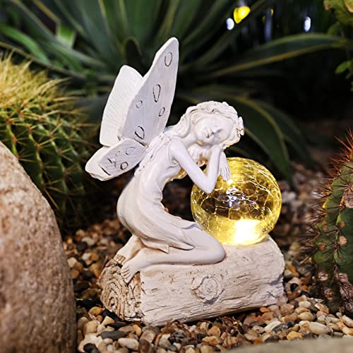 invvni Garden Fairy Statue, Outdoor Yard Decor with Solar Powered Lights, Angel Statues & Sculptures with Crackle Glass Globe for Lawn Patio Garden Decorations