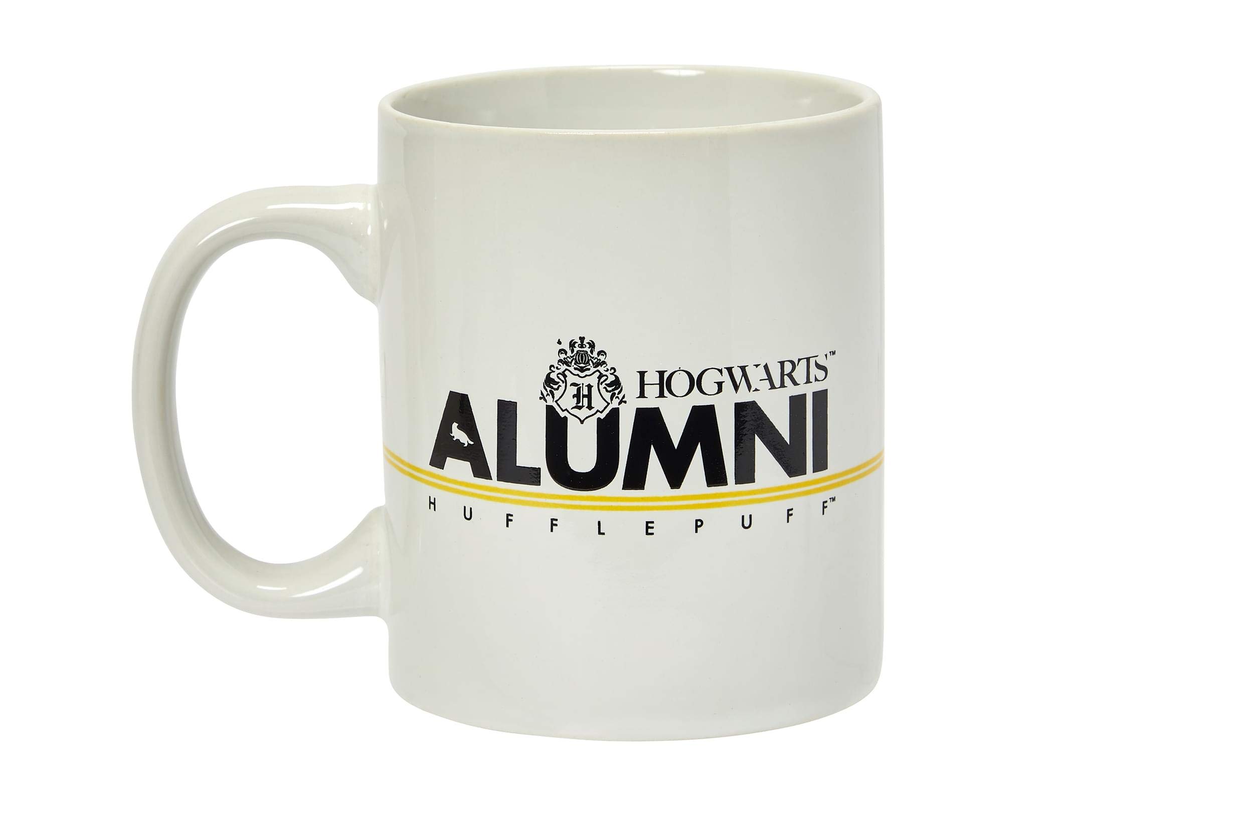 Harry Potter Hufflepuff Alumni 11-Oz Mug - White Ceramic Cup With Handle - Hogwarts Crest & House Yellow Stripe With Black Lettering - From Rowling's Wizarding World