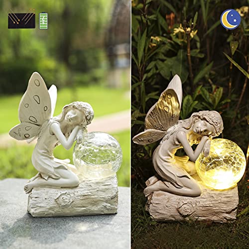 invvni Garden Fairy Statue, Outdoor Yard Decor with Solar Powered Lights, Angel Statues & Sculptures with Crackle Glass Globe for Lawn Patio Garden Decorations