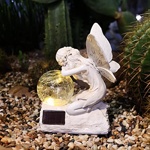 invvni Garden Fairy Statue, Outdoor Yard Decor with Solar Powered Lights, Angel Statues & Sculptures with Crackle Glass Globe for Lawn Patio Garden Decorations