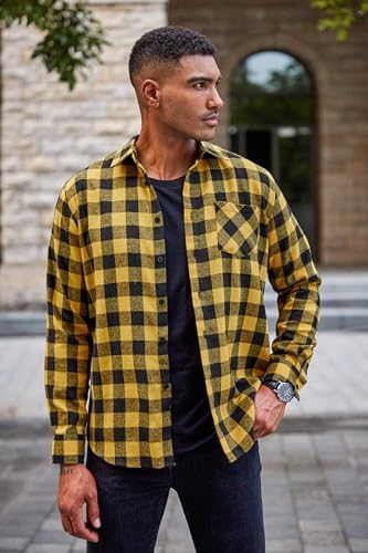 COOFANDY Mens Casual Buffalo Plaid Shirts Button Down Flannel Jacket with Pocket B - Yellow