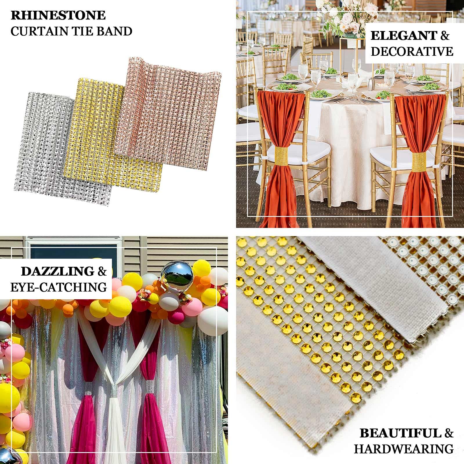 Tableclothsfactory 4 Pack | Blush/Rose Gold Large Rhinestone Mesh Chair Sash Clips, Backdrop Curtain Bands - 5"X10"