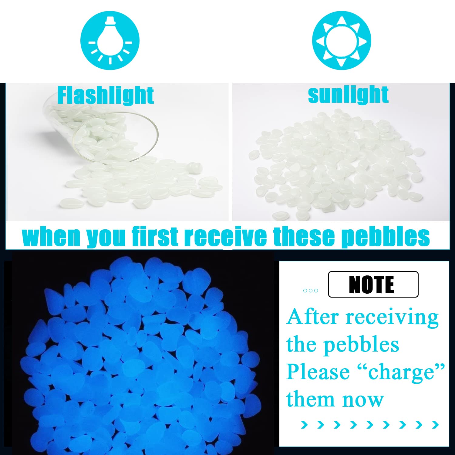 Oubest Glow in The Dark Pebbles/Glow Stones/Glowing Rocks Blue Decor for Garden/Fish Tank/Aquarium/Walkway/Driveway/Plant Pots/Bonsai (100, White)