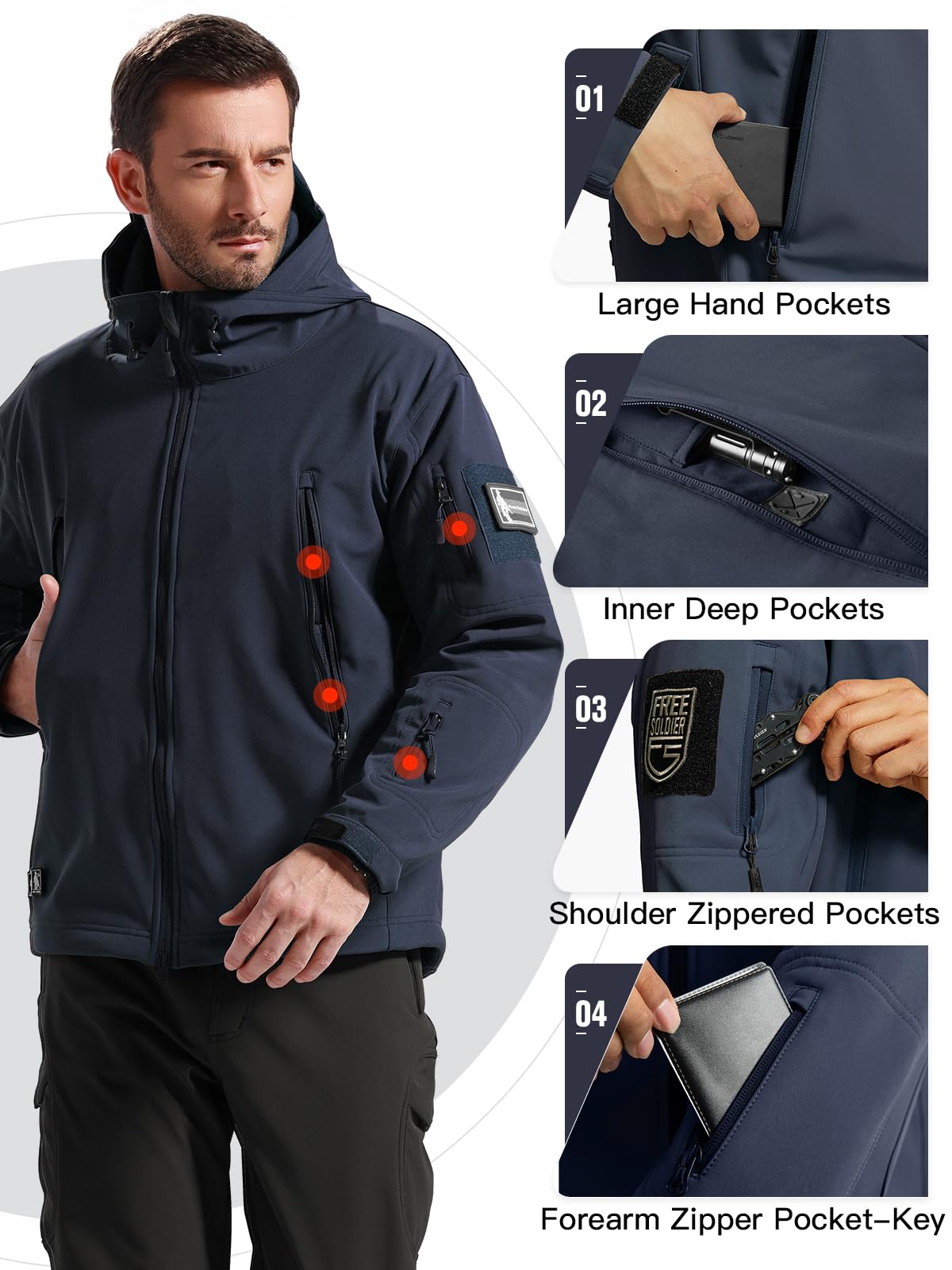 FREE SOLDIER Men's Outdoor Waterproof Soft Shell Hooded Military Tactical Jacket (Dark Navy XX-Large/US)