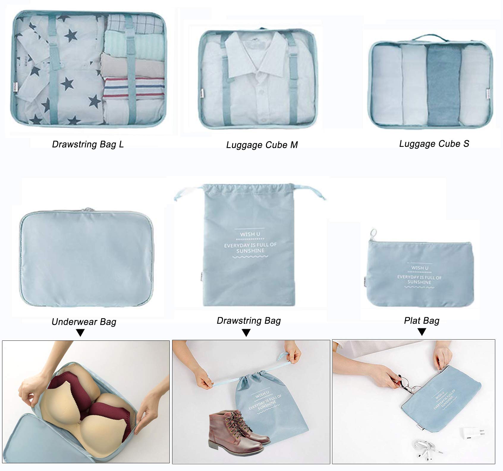 Lightweight 6 Pcs Packing Cubes System, Travel Storage Packing Organizers Laundry Bags Compression Pouches for Luggage (Upgraded Blue)