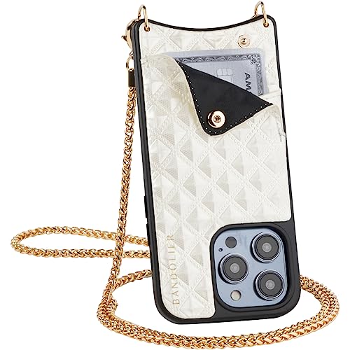 Bandolier Sheila Crossbody Phone Case and Wallet for iPhone 15 Pro - Pyramid Studded Vegan Leather with Gold Snake Chain Strap