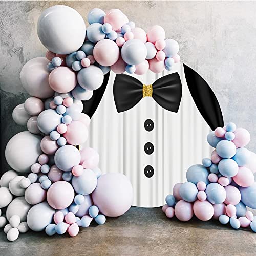 DORCEV Diameter 6.5ft Gentleman Tuxedo Round Backdrop Black and White Suit Bow Tie Botton Gold Glitter Black Curtain Pattern Photography Background for Father's Day Baby Boy Shower