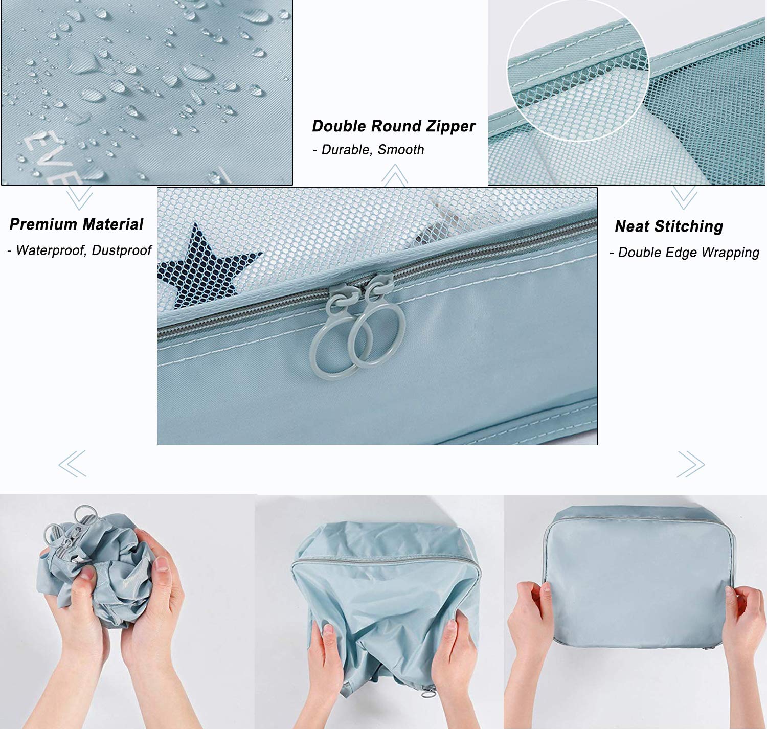 Lightweight 6 Pcs Packing Cubes System, Travel Storage Packing Organizers Laundry Bags Compression Pouches for Luggage (Upgraded Blue)